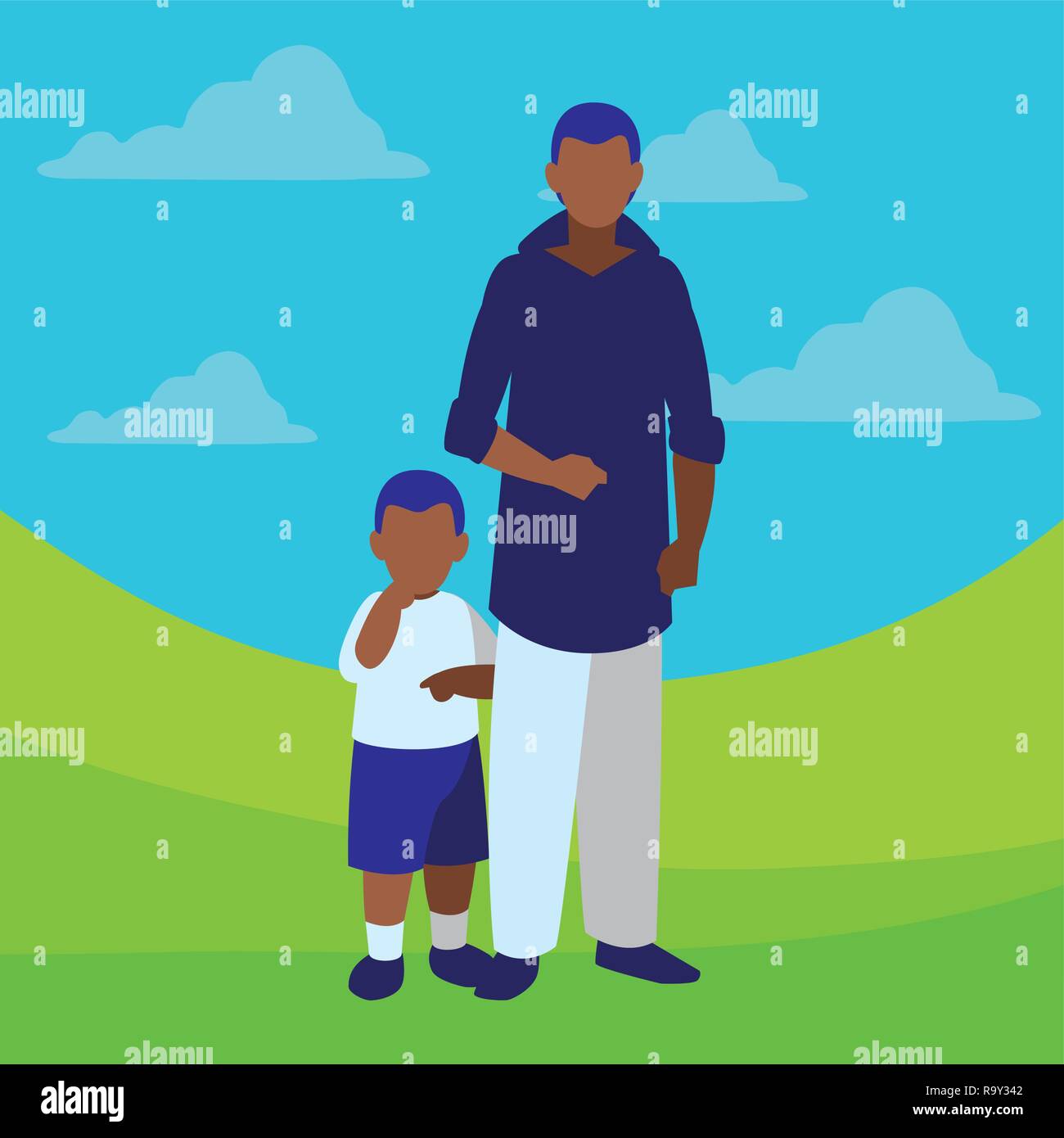 Avatar man with a boy over landscape background, vector illustration ...