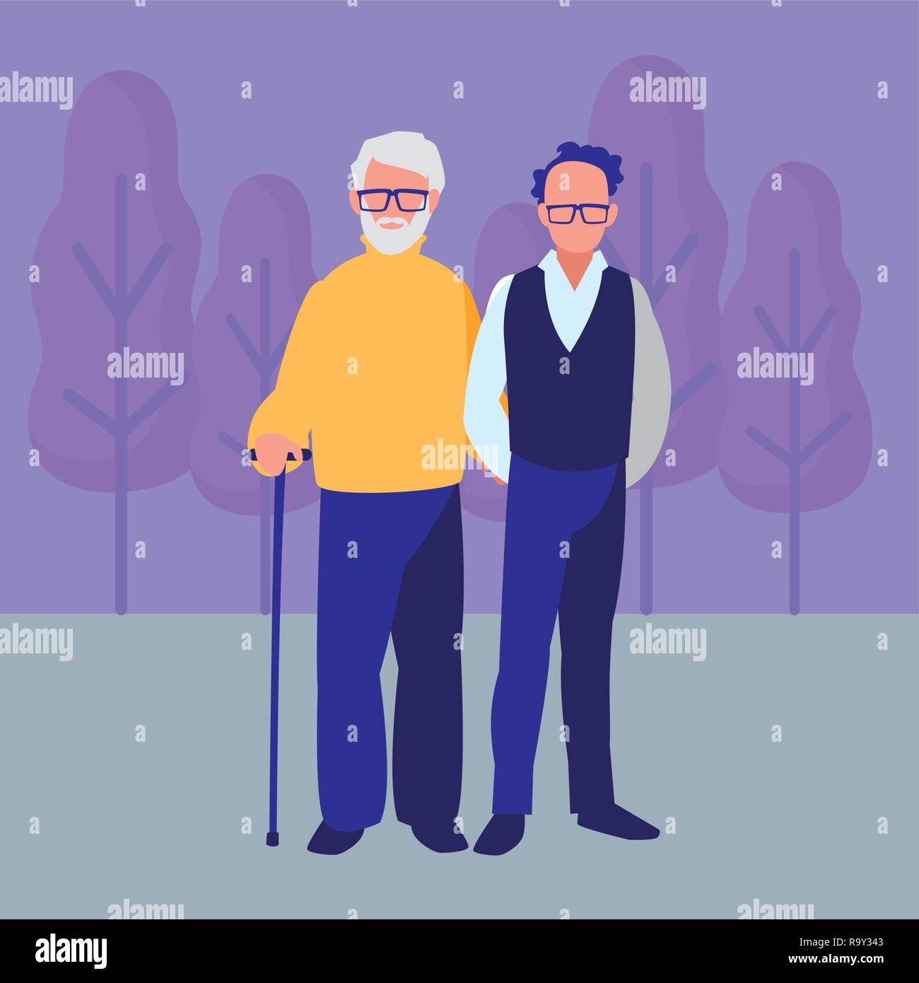 Avatar couple of old men over landscape background, vector illustration ...