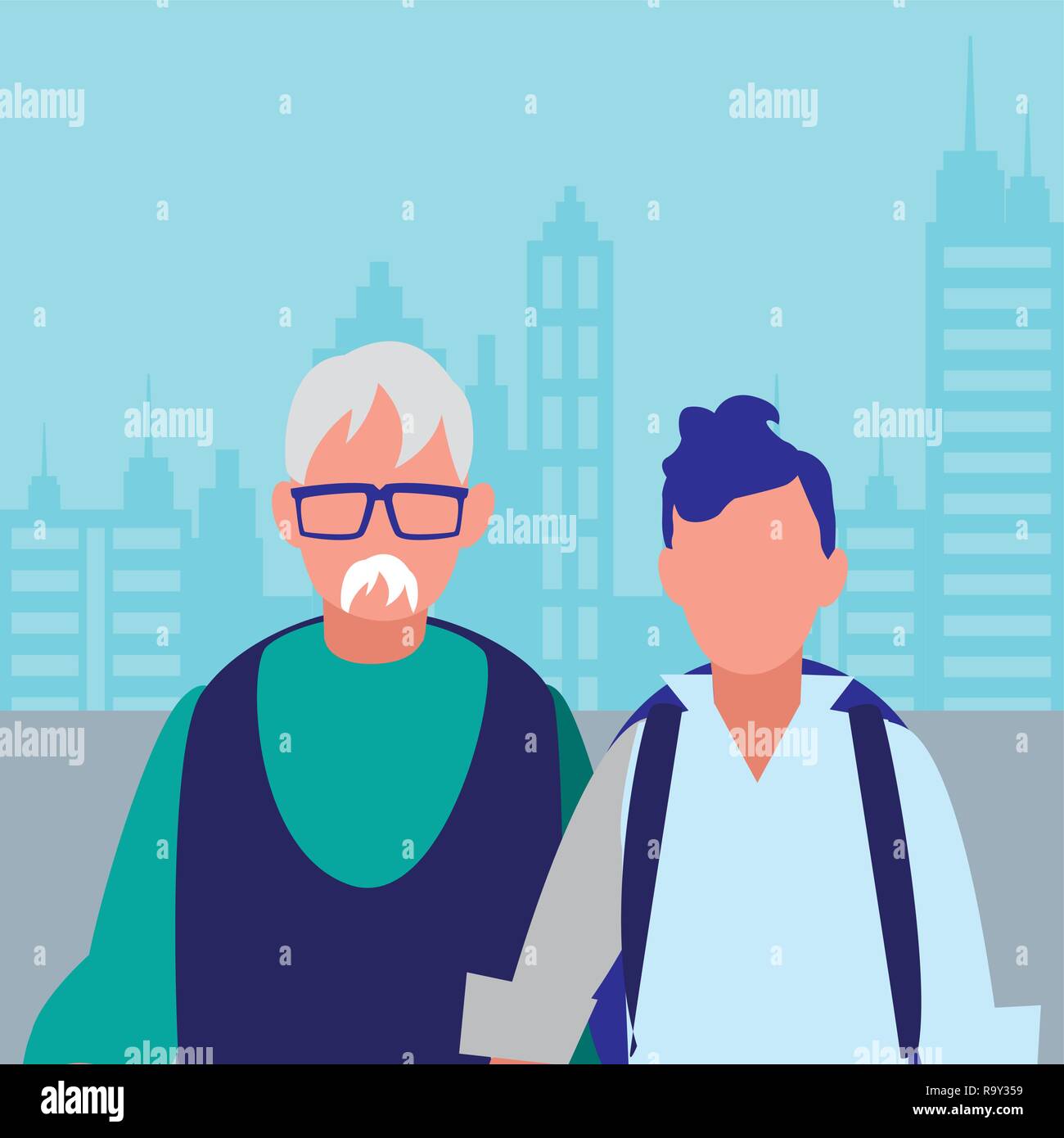 Avatar couple of old men over landscape background, vector illustration ...