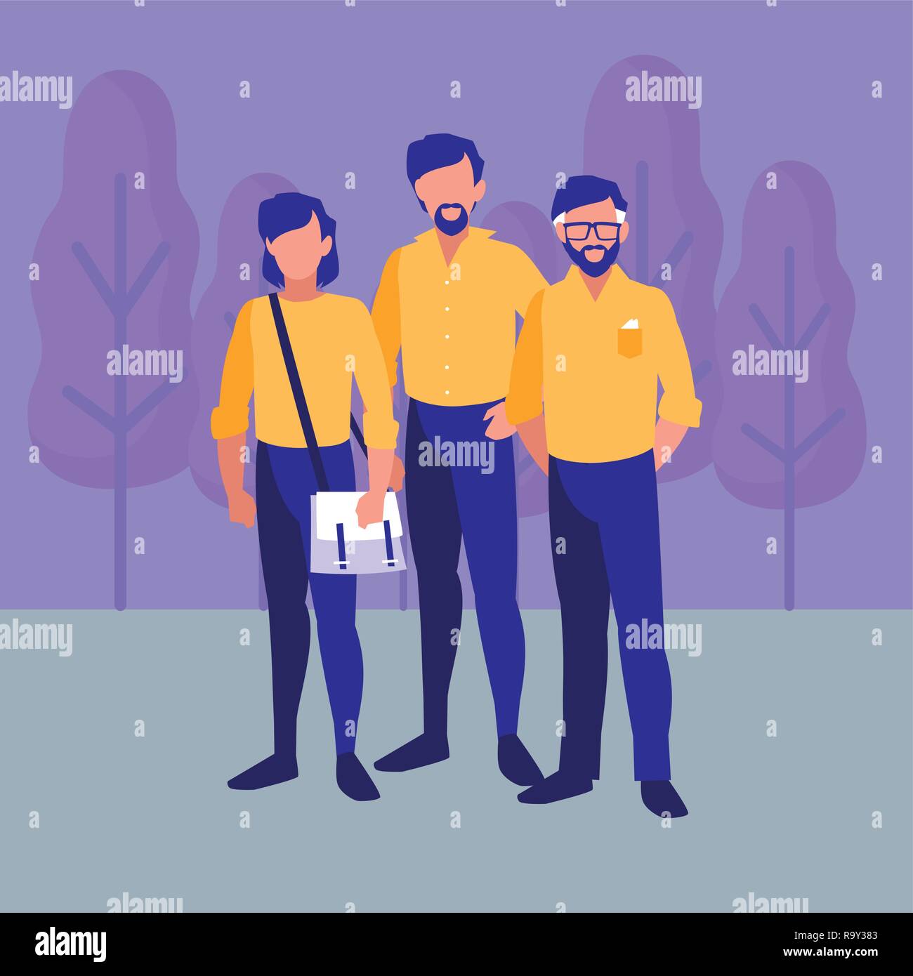 Old man with his family over landscape background, colorful design ...