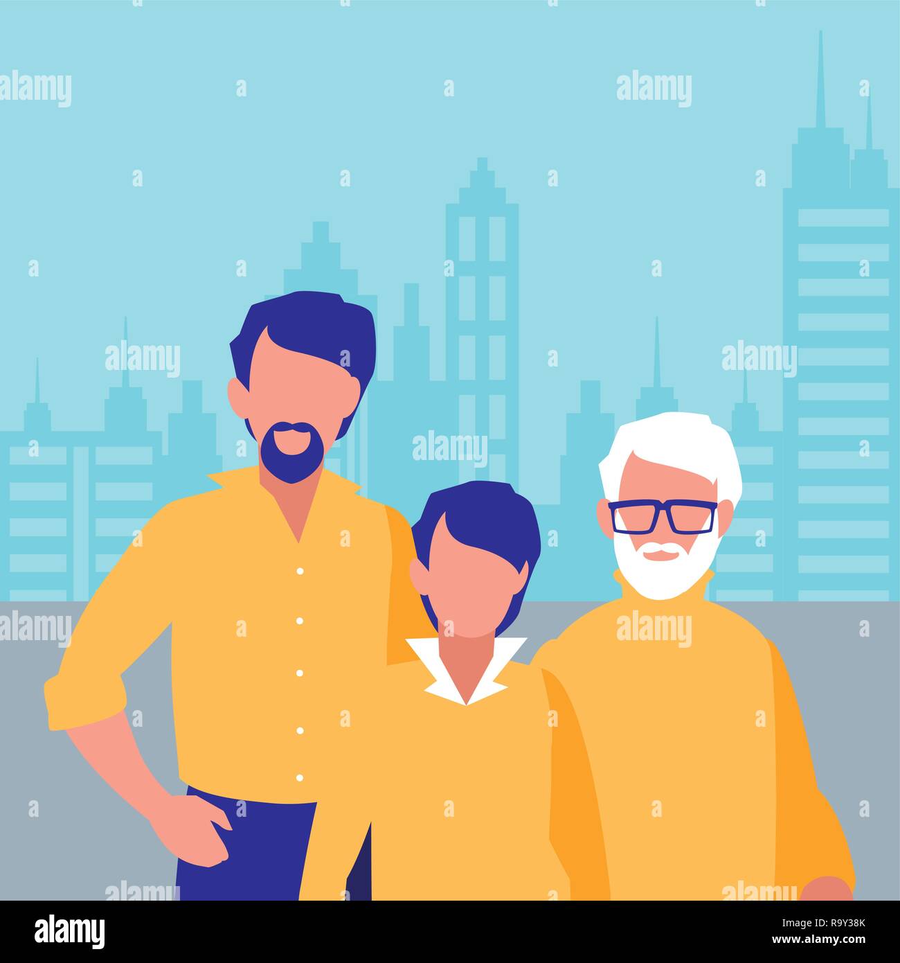 Old man with his family over landscape background, colorful design ...
