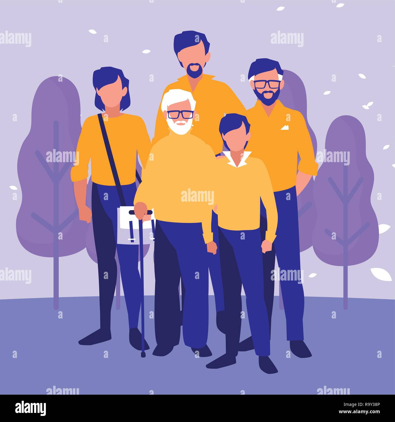 Old man with his family over landscape background, colorful design ...