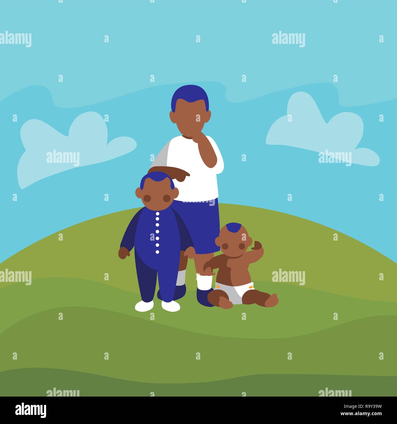 Cute babies and boy over landscape background, colorful design. vector ...