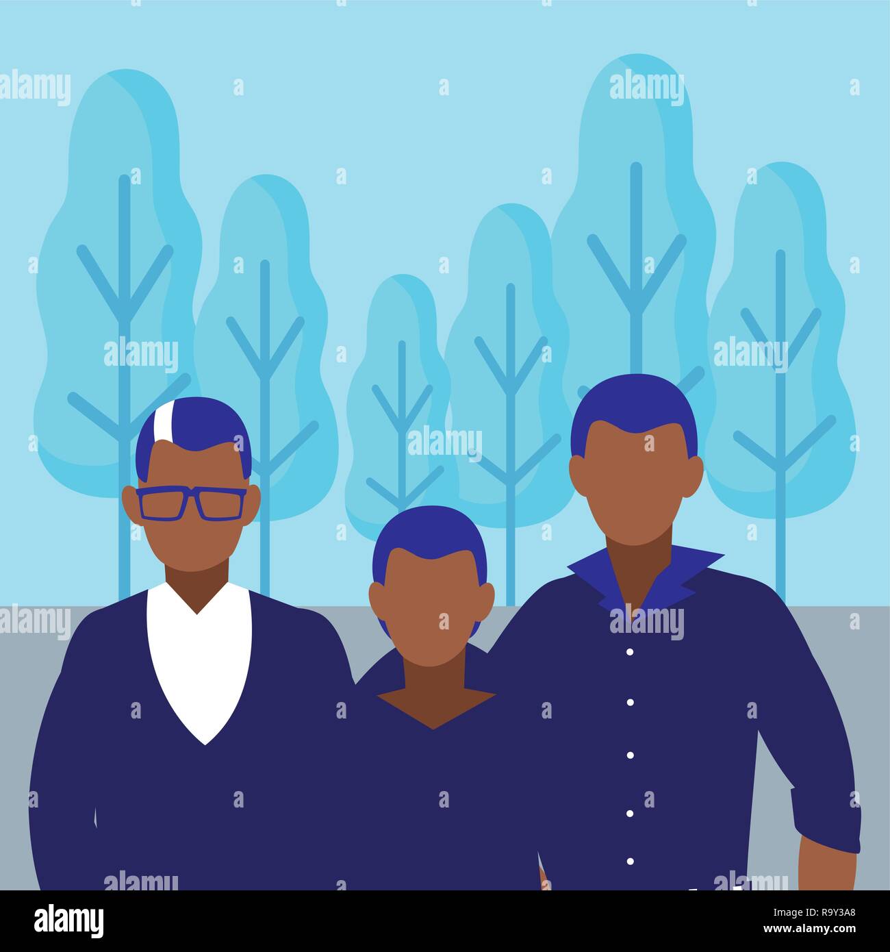 Old man with his family over landscape background, colorful design ...