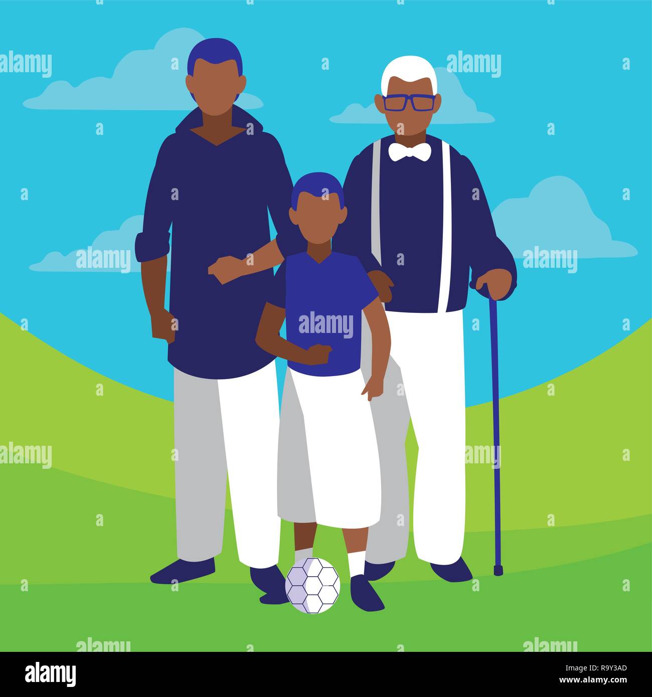 Old man with his family over landscape background, colorful design ...