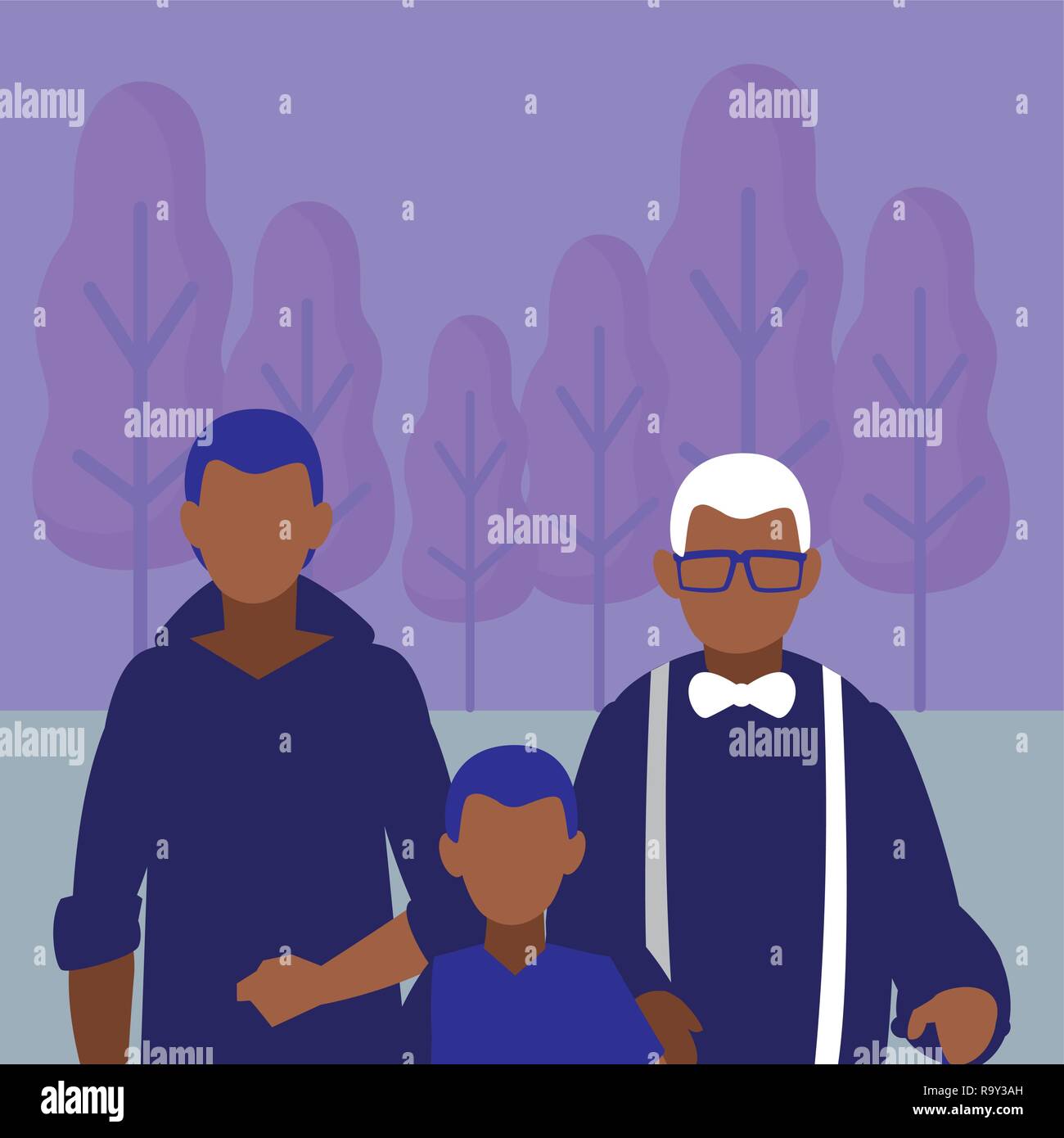 Old man with his family over landscape background, colorful design ...