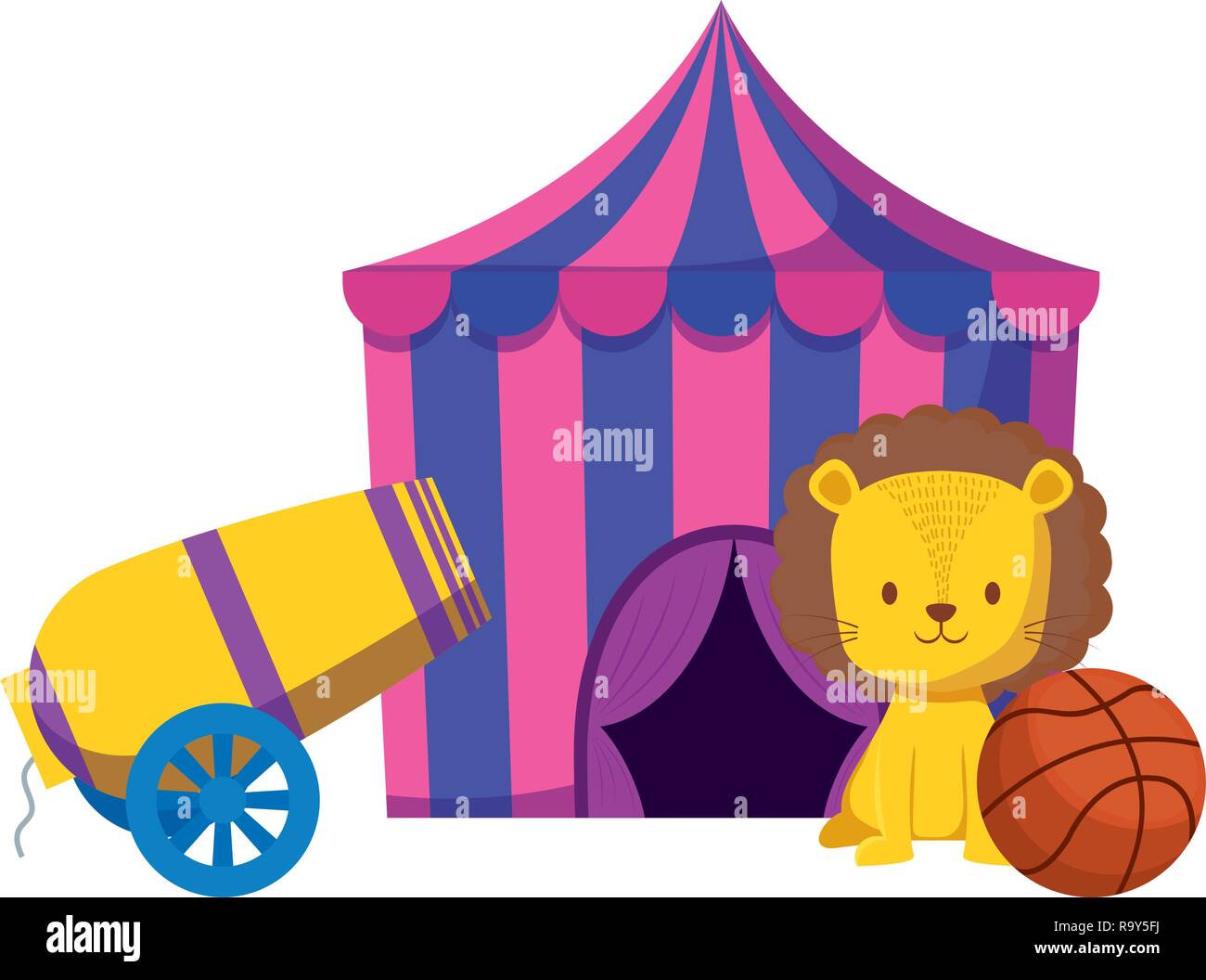 cute circus lion with rocket and balloon vector illustration design ...