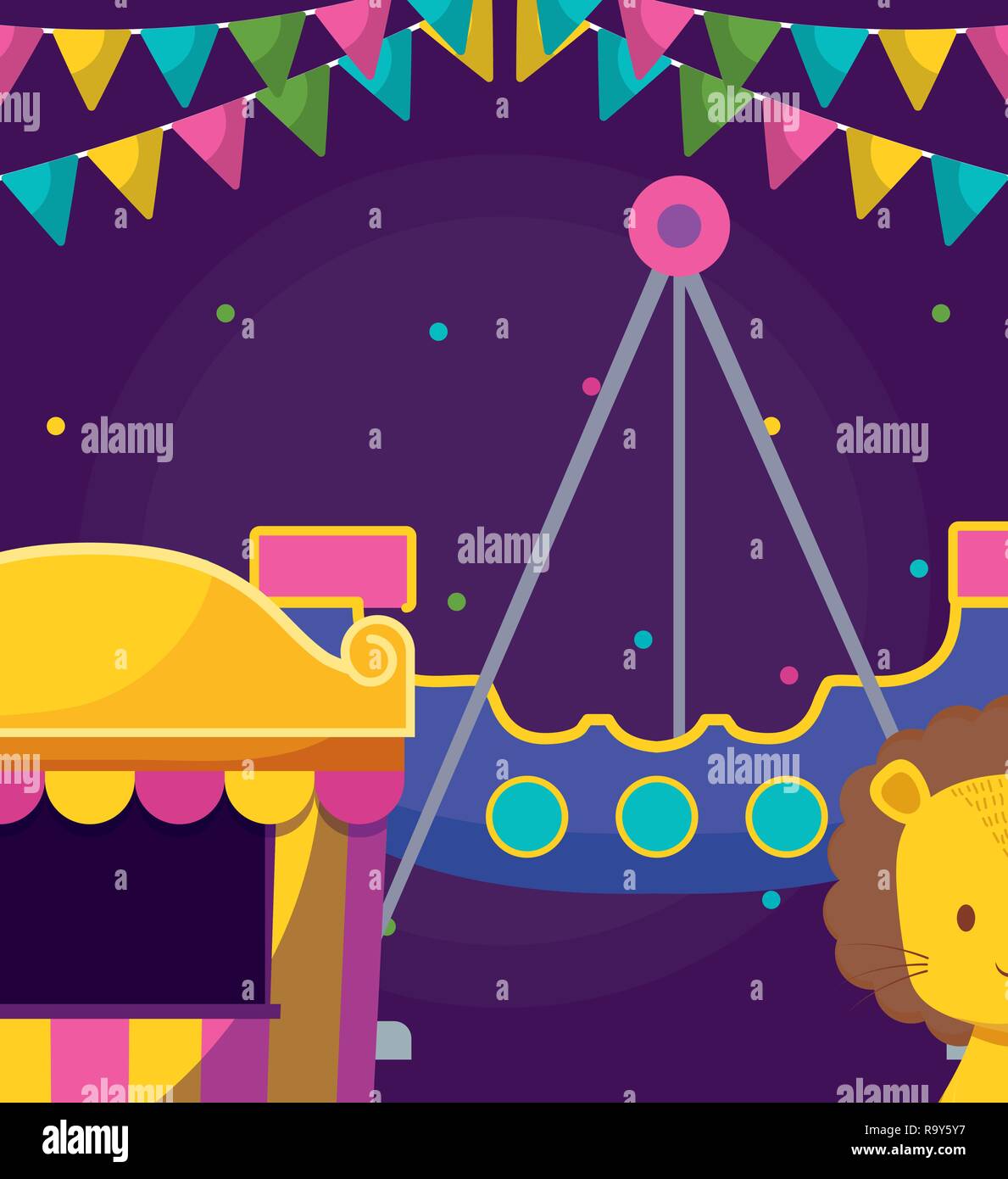 cute circus lion with kiosk and boat vector illustration design Stock ...