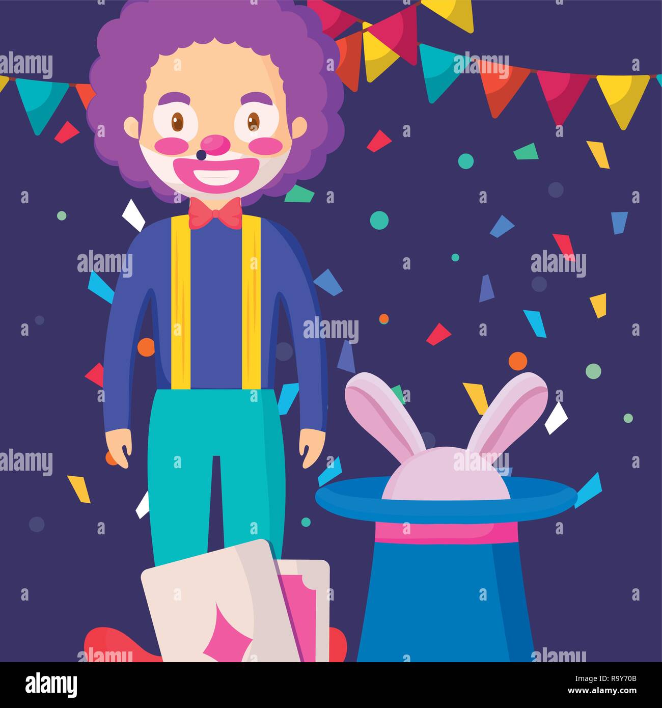circus clown with magician hat and poker cards vector illustration ...