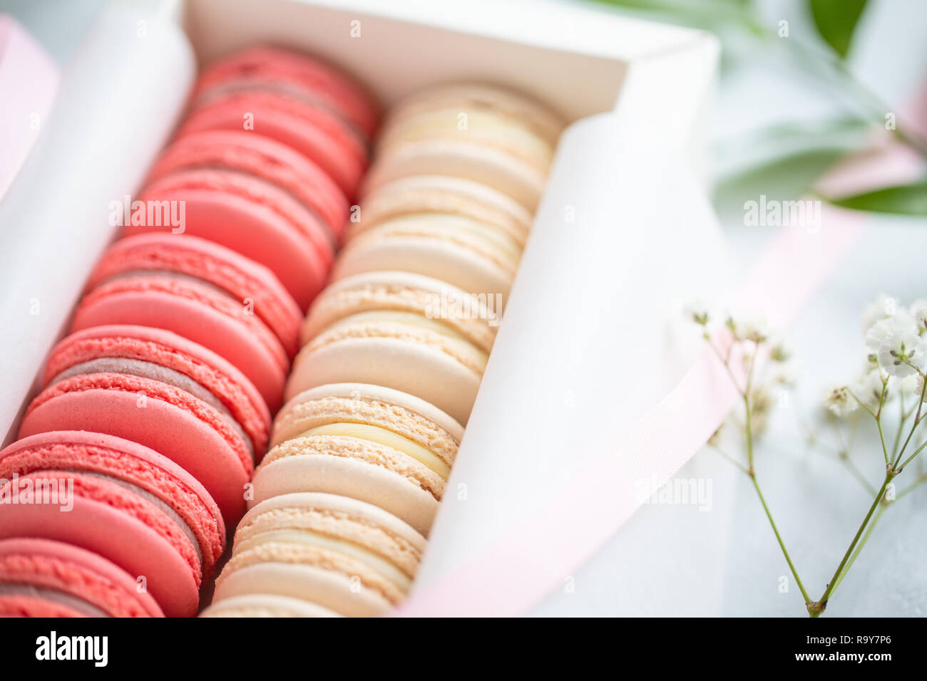 Coral and beige cakes macarons or macaroons in a white gift box. The ...