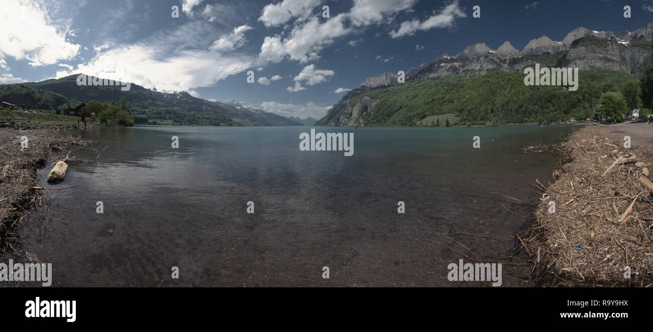 View of Walensee from the beach at Walenstadt, Swiss Alps Stock Photo ...