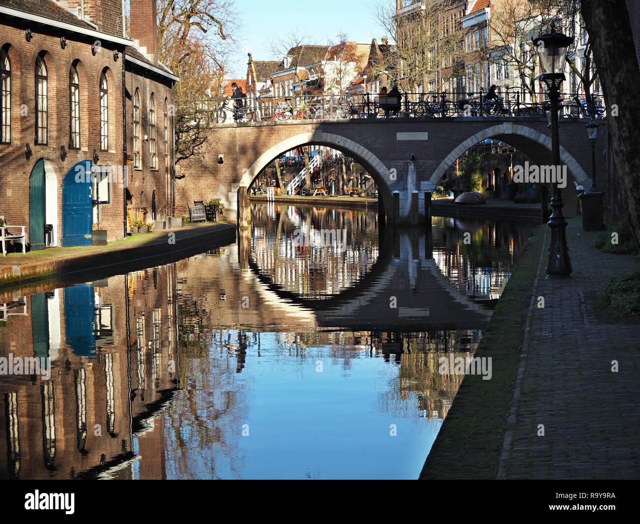 Canal, bridge and brick buildings in the centre of Utrecht, The ...