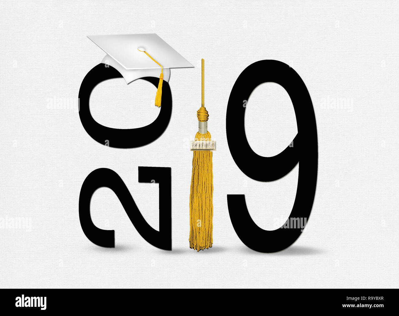white 2019 graduation cap on black text with gold tassel isolated on ...