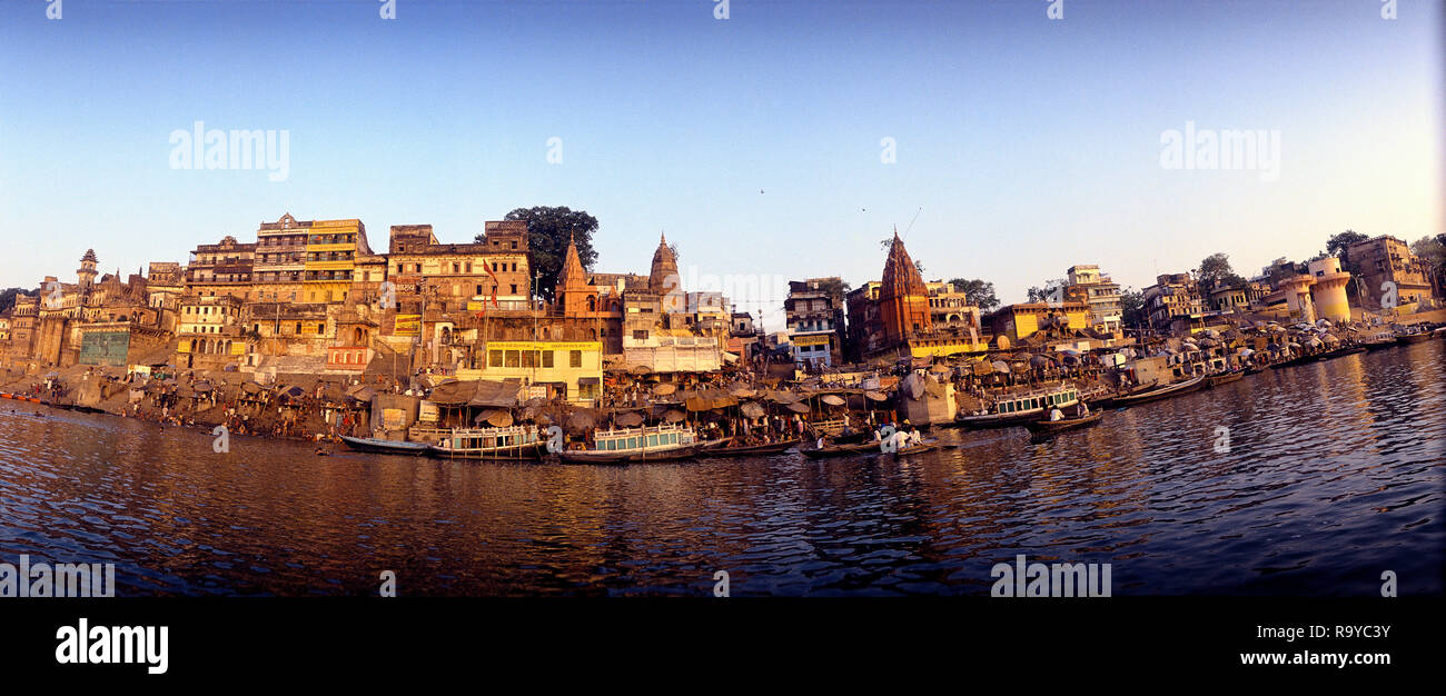 PANAROMIC VIEW OF THE GHATS OF VARANASI, WITH THE RIVER GANGA (BANARAS ...