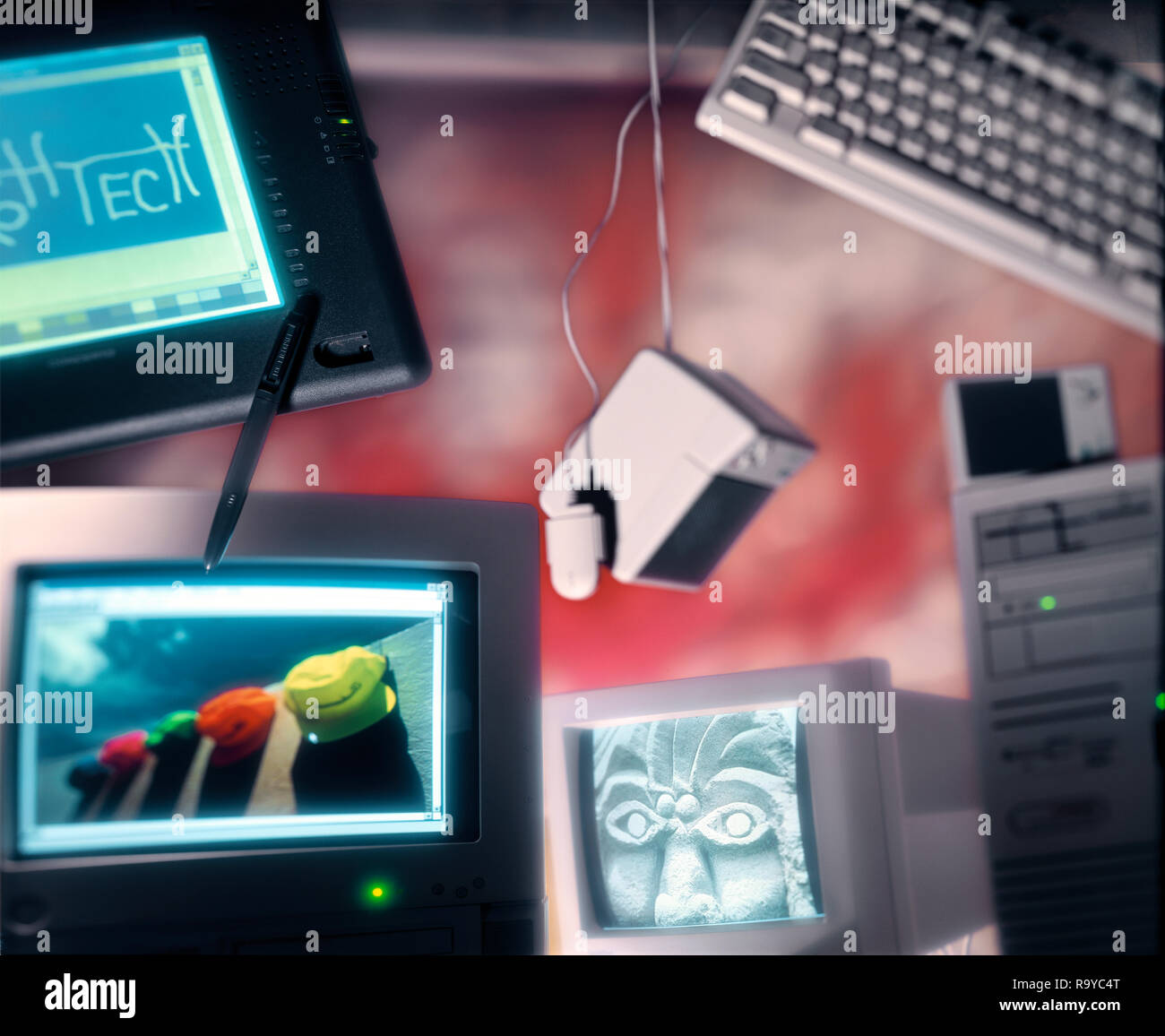 STILL LIFE OF LAPTOPS, COMPUTER SCREENS, MOUSE AND KEYBOARD Stock Photo ...