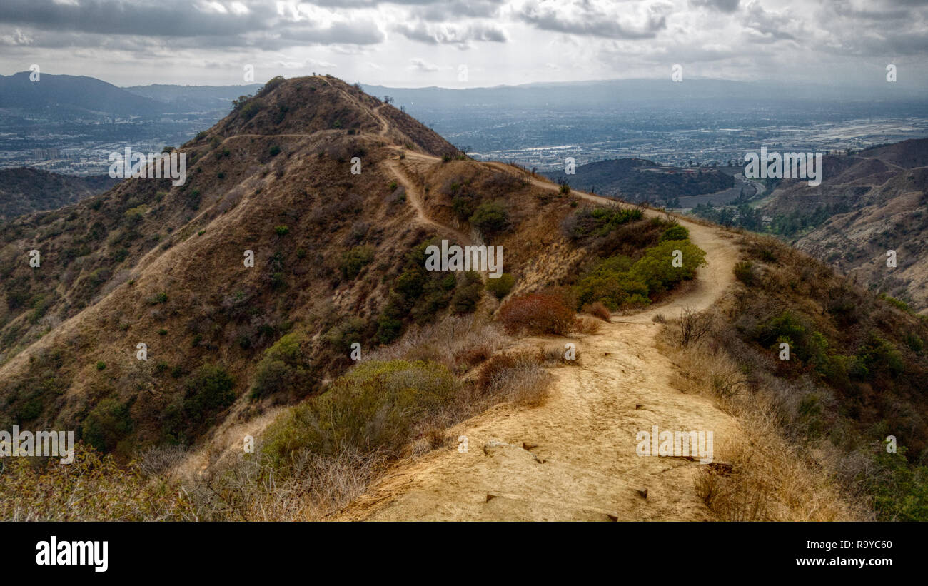 Stunning view of Wildwood Canyon Trail winding along a steep ridge on a ...