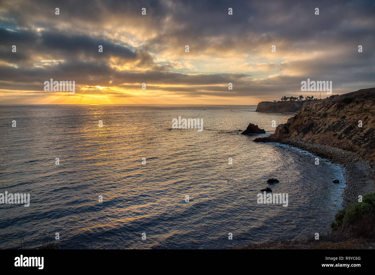 Colorful coastal view of Pelican Cove and Point Vicente Lighthouse with ...