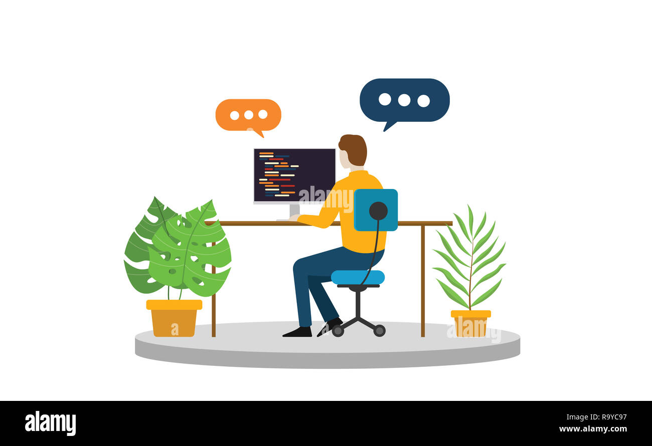 programmer or freelancer business person sitting and working alone at ...