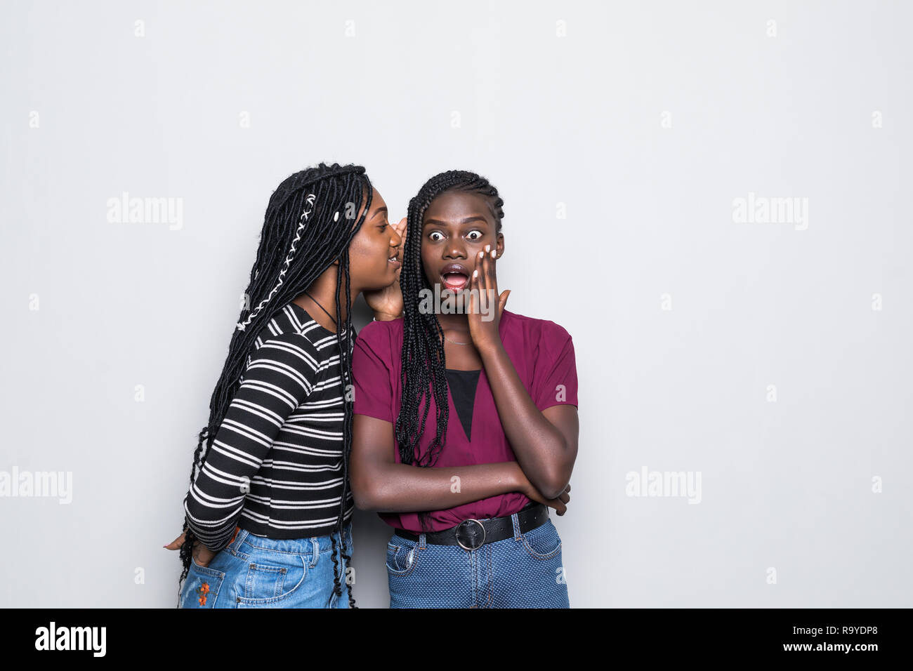 Portrait of two happy young african women sharing secrets over white ...
