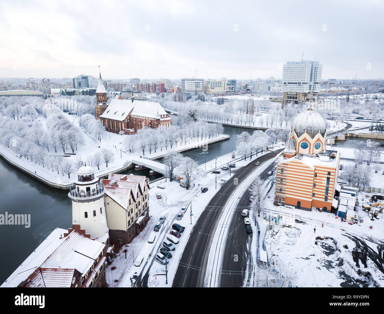 Aerial: The Fishing Village in Kaliningrad in winter Stock Photo - Alamy