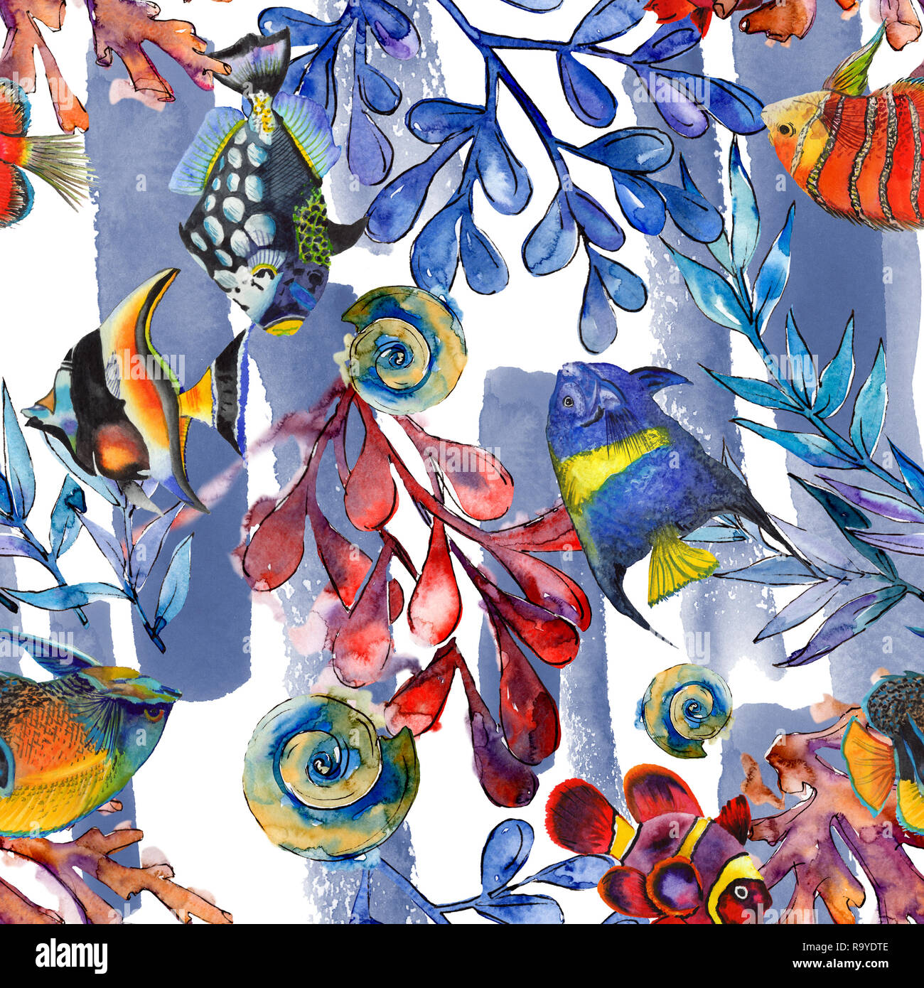 Watercolor aquatic underwater colorful tropical fish illustration set ...