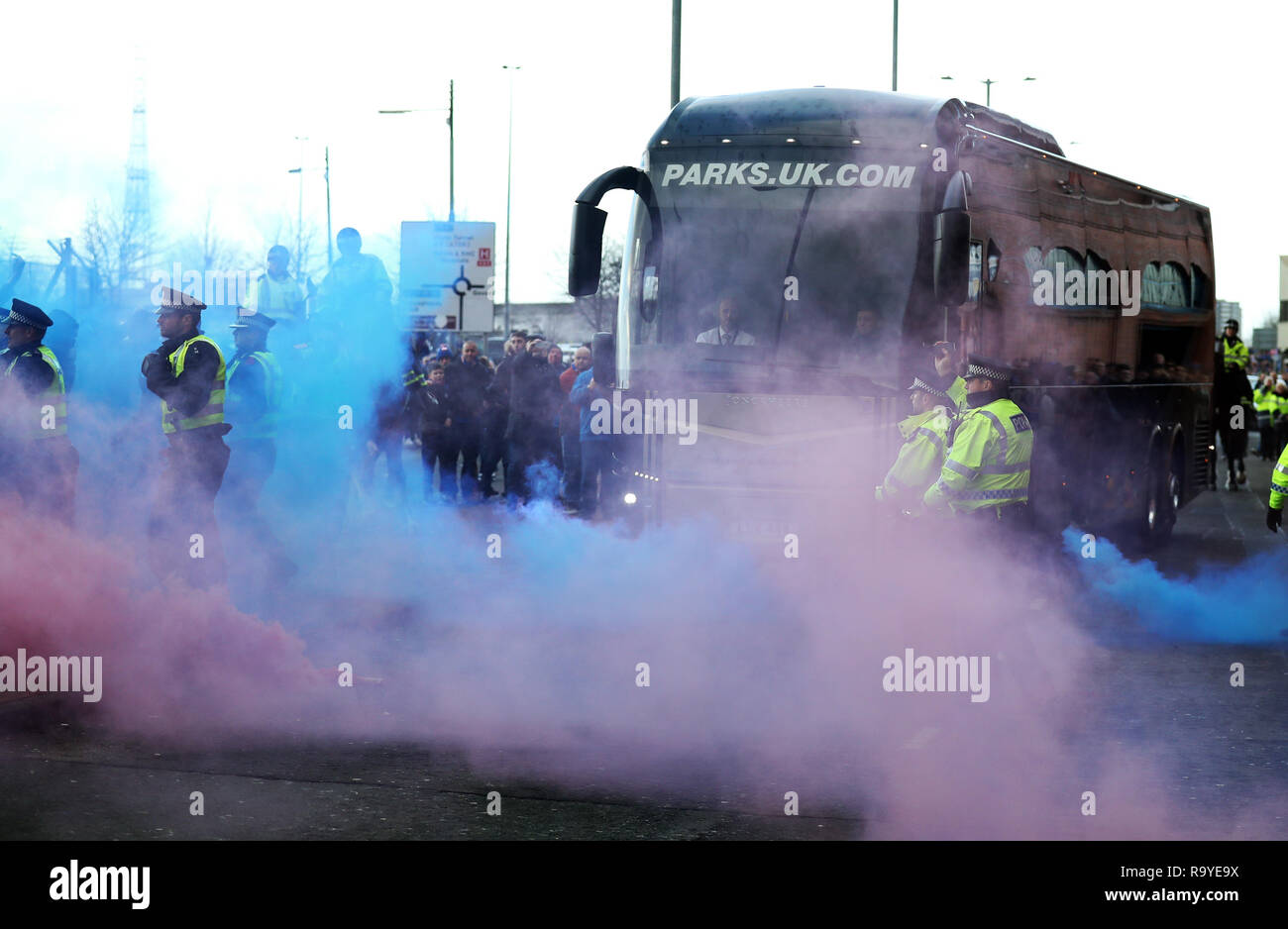 Police presence as the Celtic team bus arrives for the Ladbrokes ...