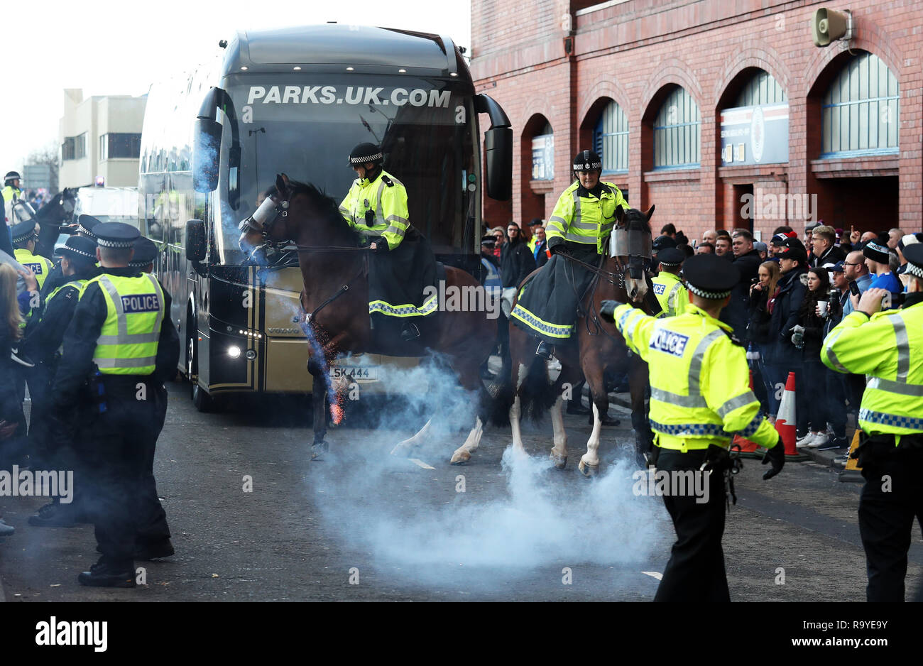 Police presence as the Celtic team bus arrives for the Ladbrokes ...