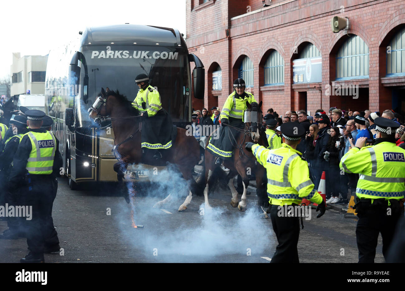 Police presence as the Rangers team bus arrives for the Ladbrokes ...