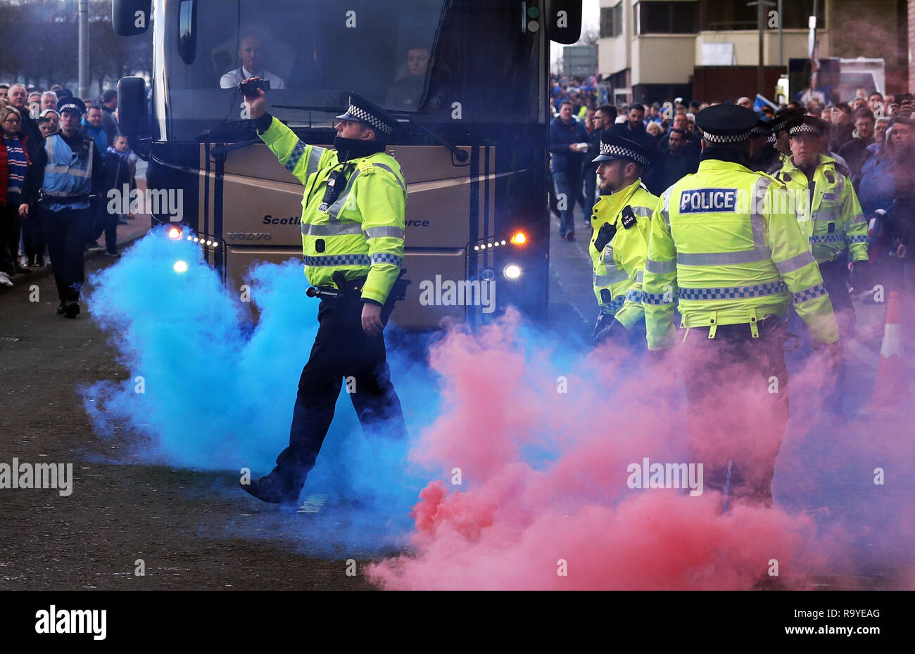 Police presence as the Rangers team bus arrives for the Ladbrokes ...