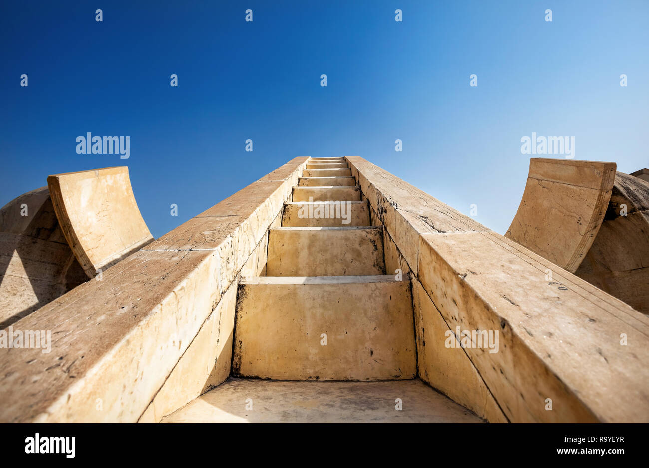Stairs in Jantar Mantar observatory complex at blue sky in Jaipur ...