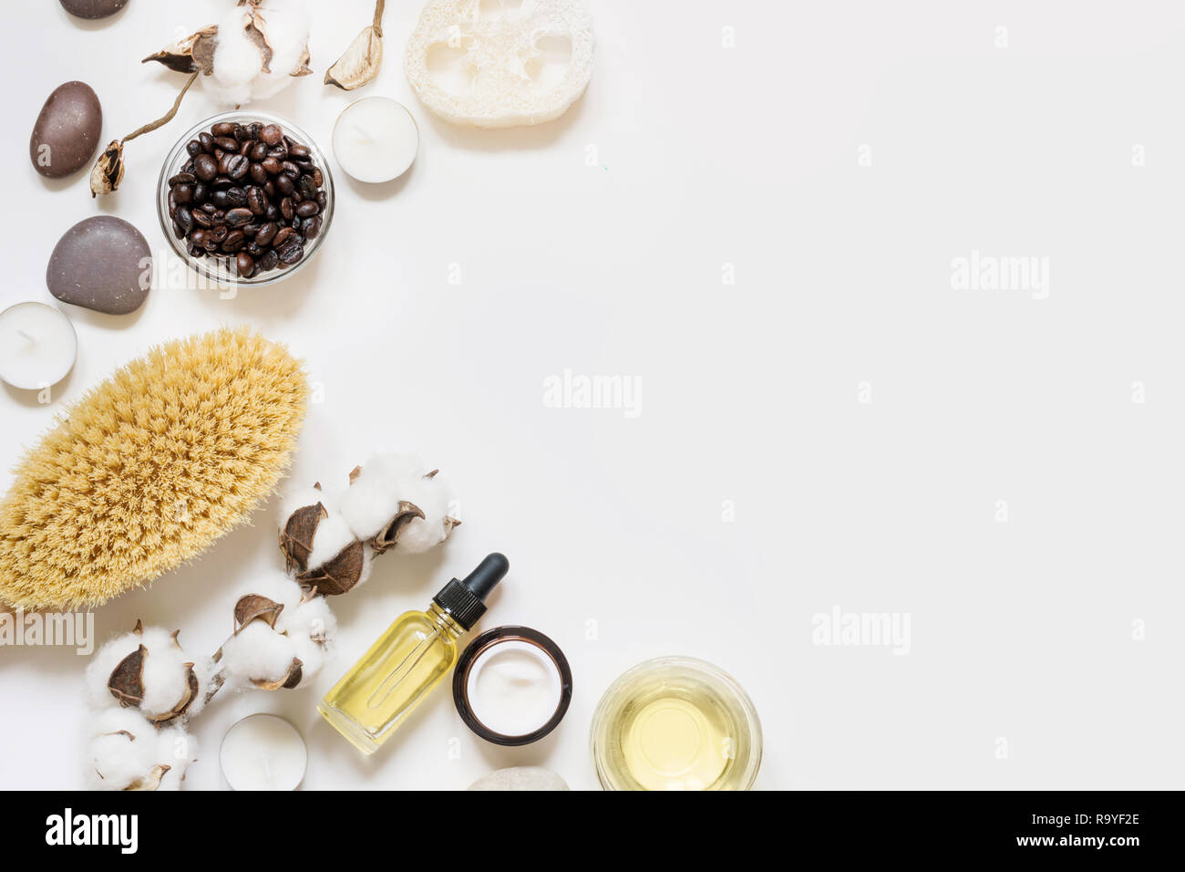 Set for spa and cellulite removal on white background. Top view. Copy ...