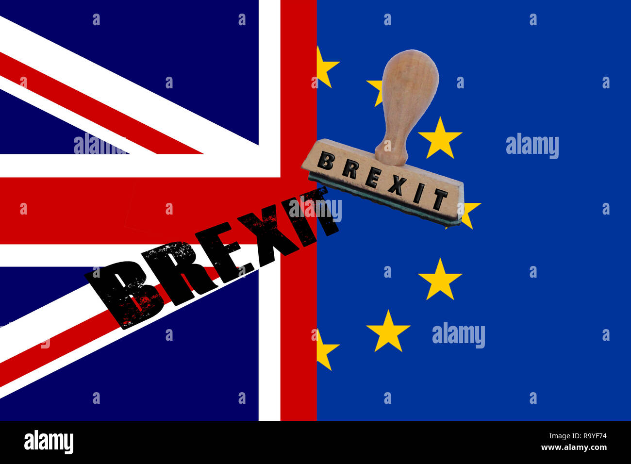 Brexit letters on stamp with Europe flag and flag of the United Kingdom ...