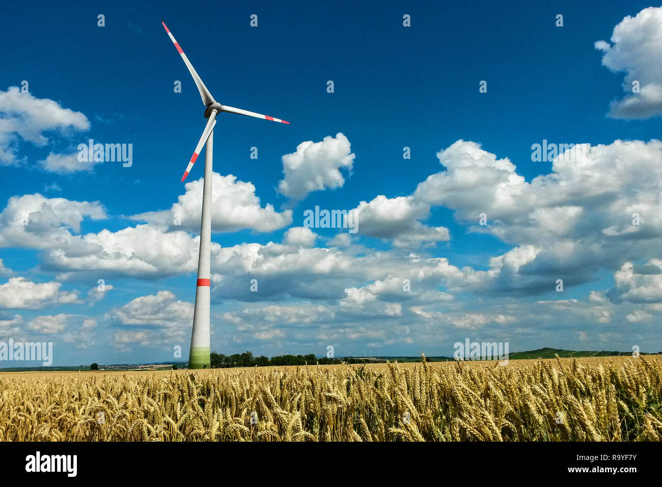 Wind Turbine in farmland under azure blue sky with cumulus cloud ...