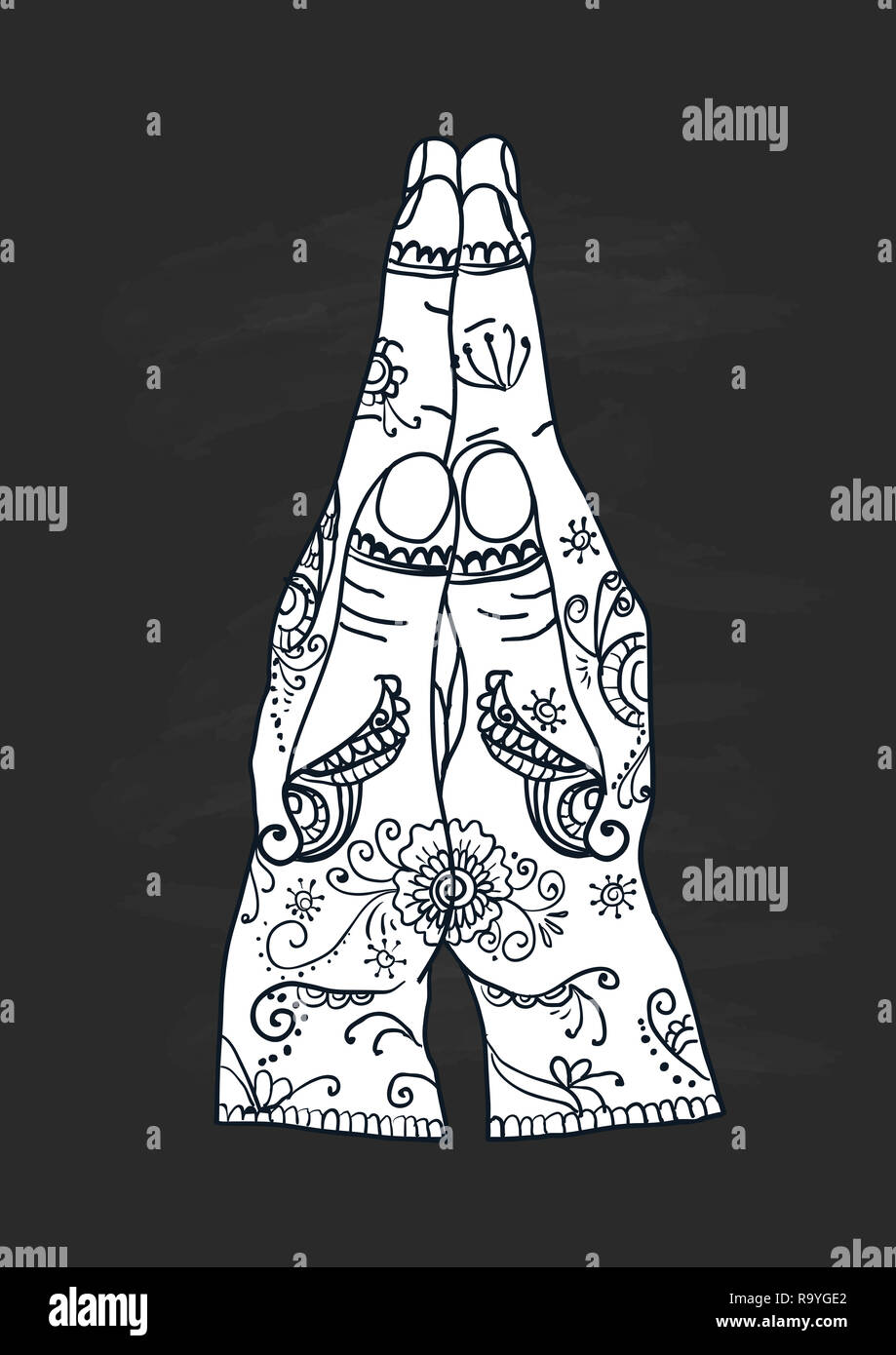 Element yoga mudra hands namaste with mehndi patterns. illustration ...