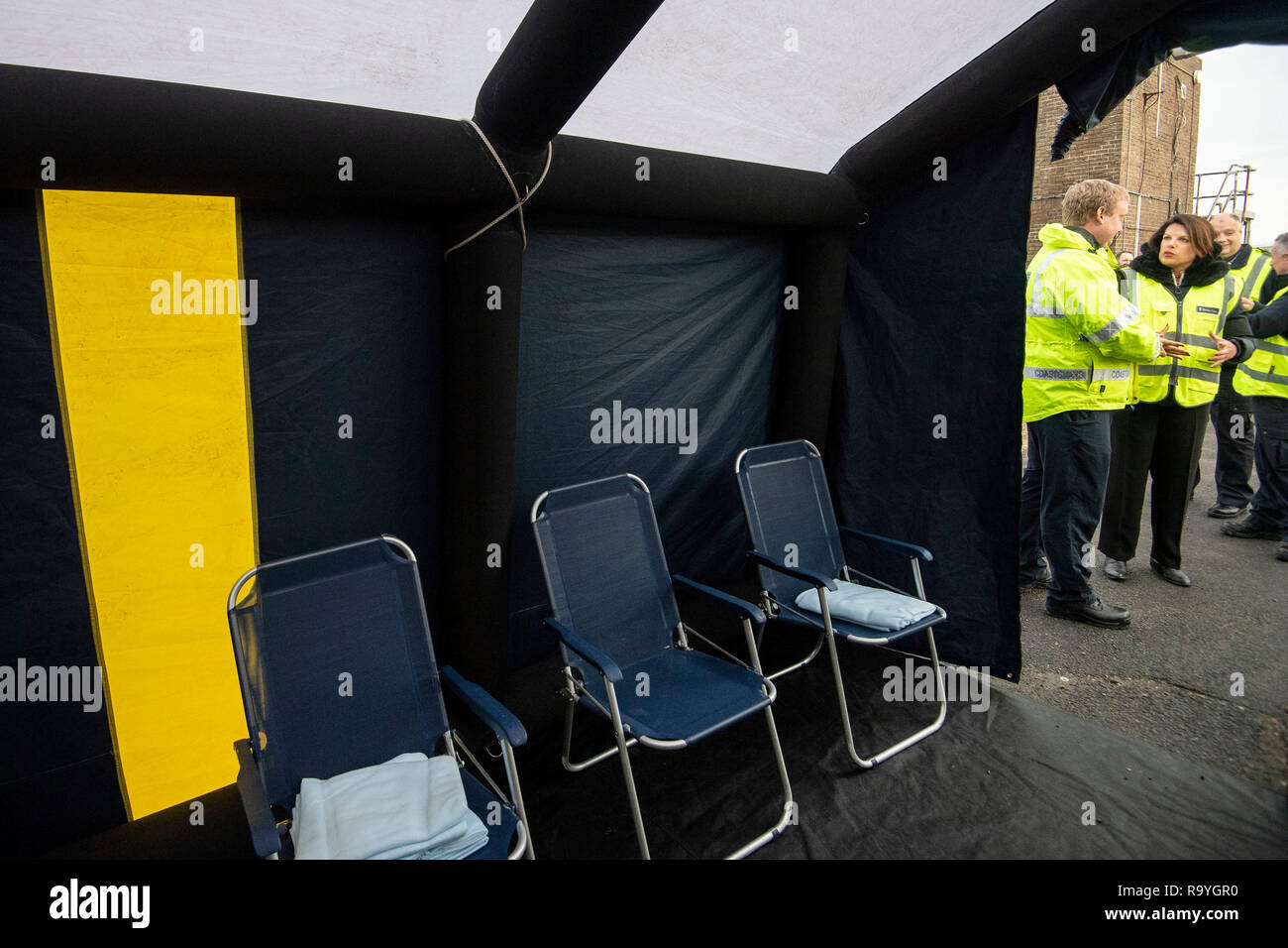 Immigration Minister Caroline Nokes looks at the tent in which migrants ...