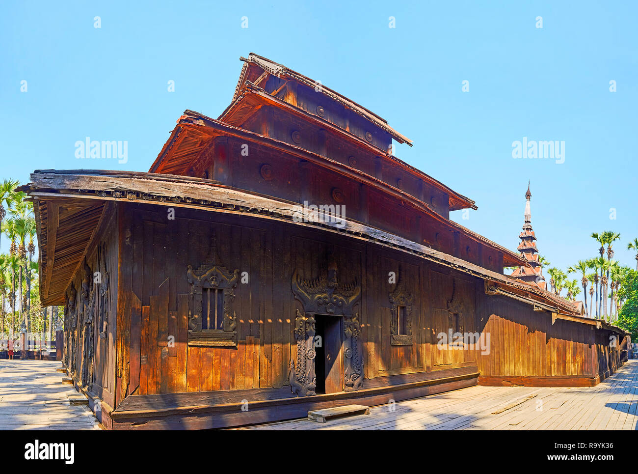 Panorama of medieval wooden Bagaya Monastery with multistaged (pyatthat ...