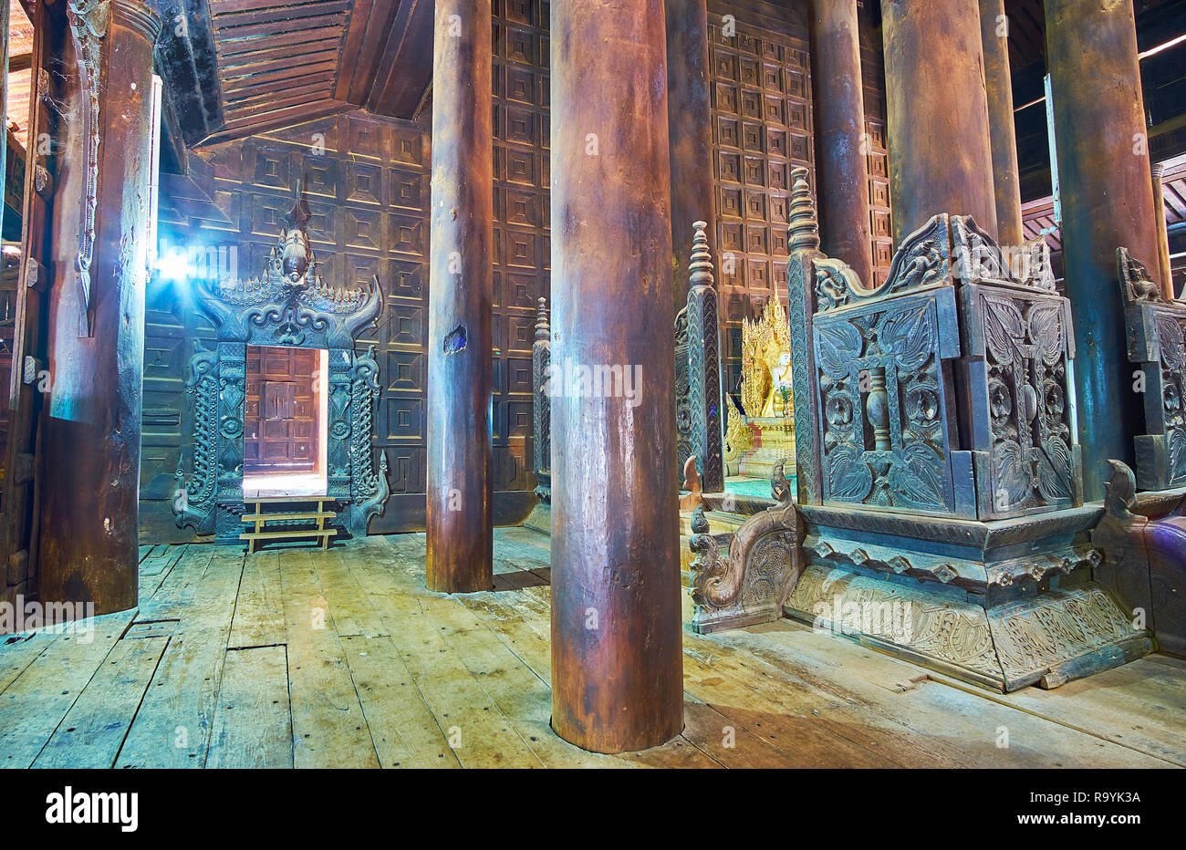 AVA, MYANMAR - FEBRUARY 21, 2018: The wooden prayer hall of Bagaya ...