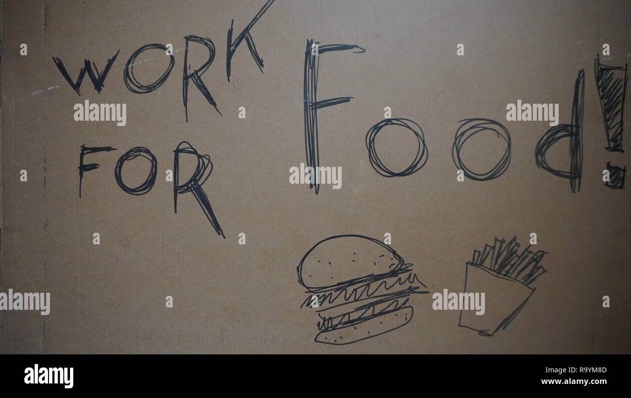 carton labeled working for food, painted burger Stock Photo - Alamy