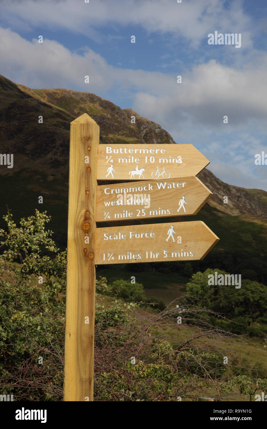 Sign post for Buttermere, Crummock and Scale Force Stock Photo - Alamy