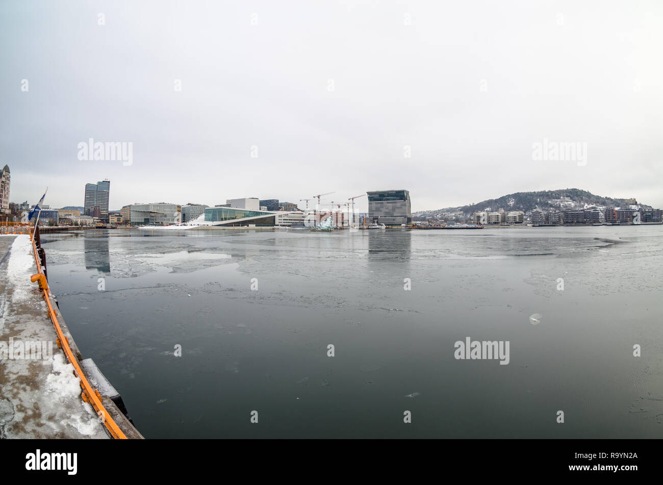 Winter cold view of Oslo Opera House and new Munch Museum building ...