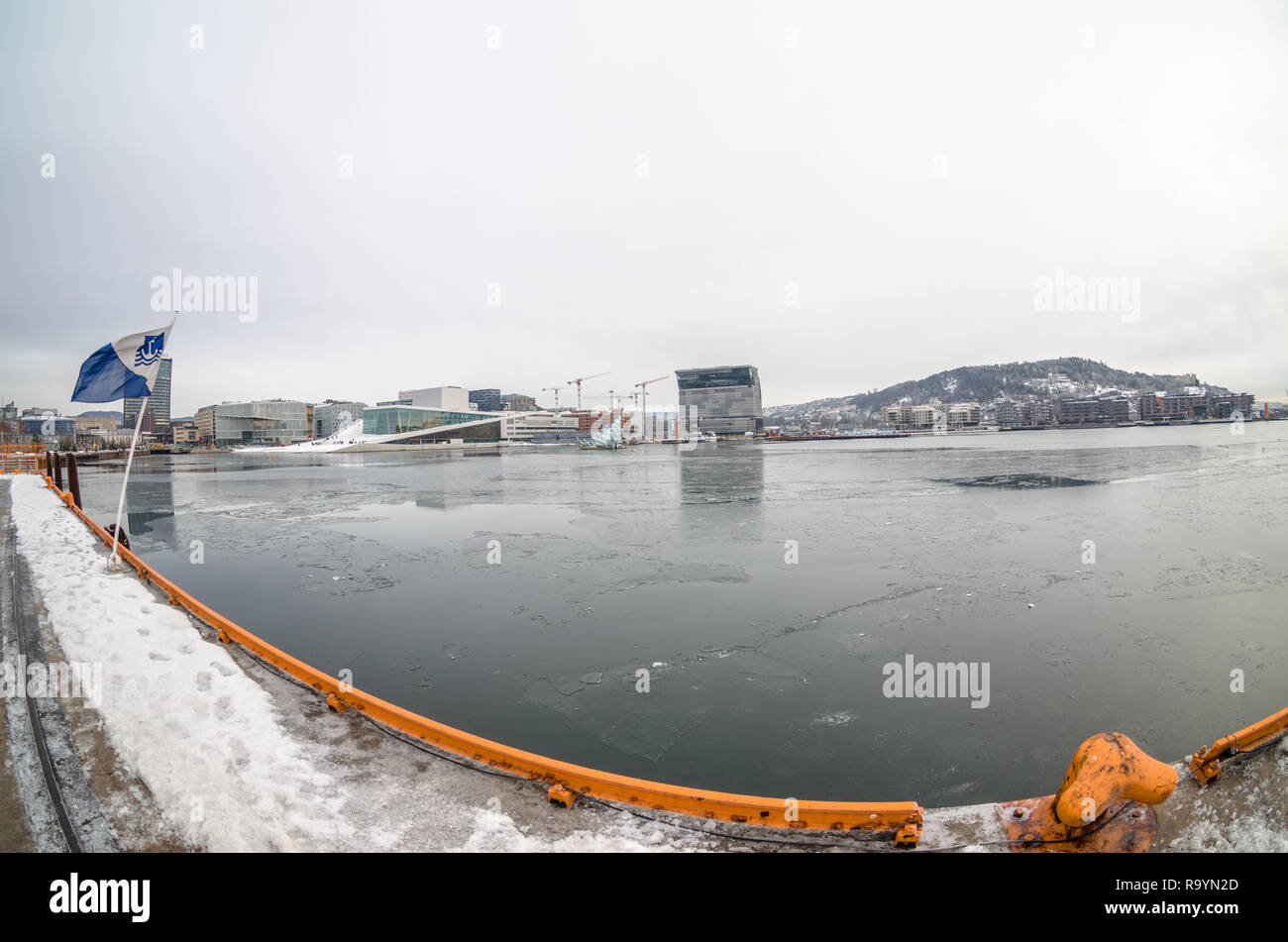 Winter cold view of Oslo Opera House and new Munch Museum building ...
