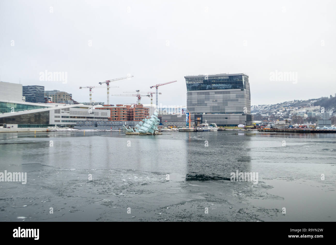 Winter cold view of Oslo Opera House and new Munch Museum building ...