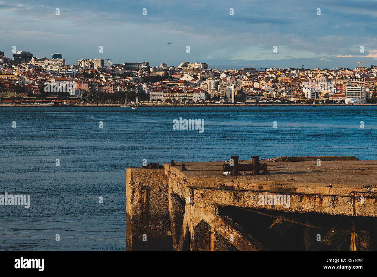 The view from Cacilhas pier to Lisbon, Portugal, Tagus river Stock ...