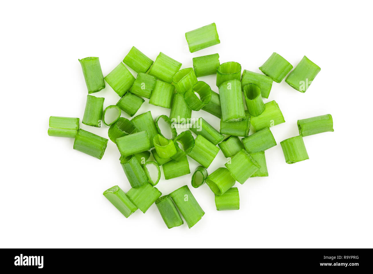 Chopped fresh green onions isolated on white background. Top view Stock ...
