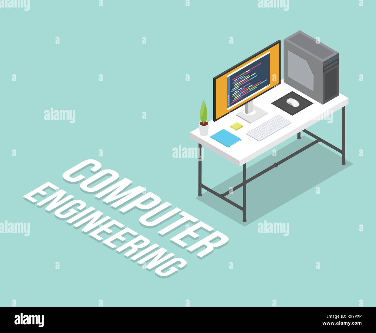 computer engineering isometric workspace education with table desk and ...