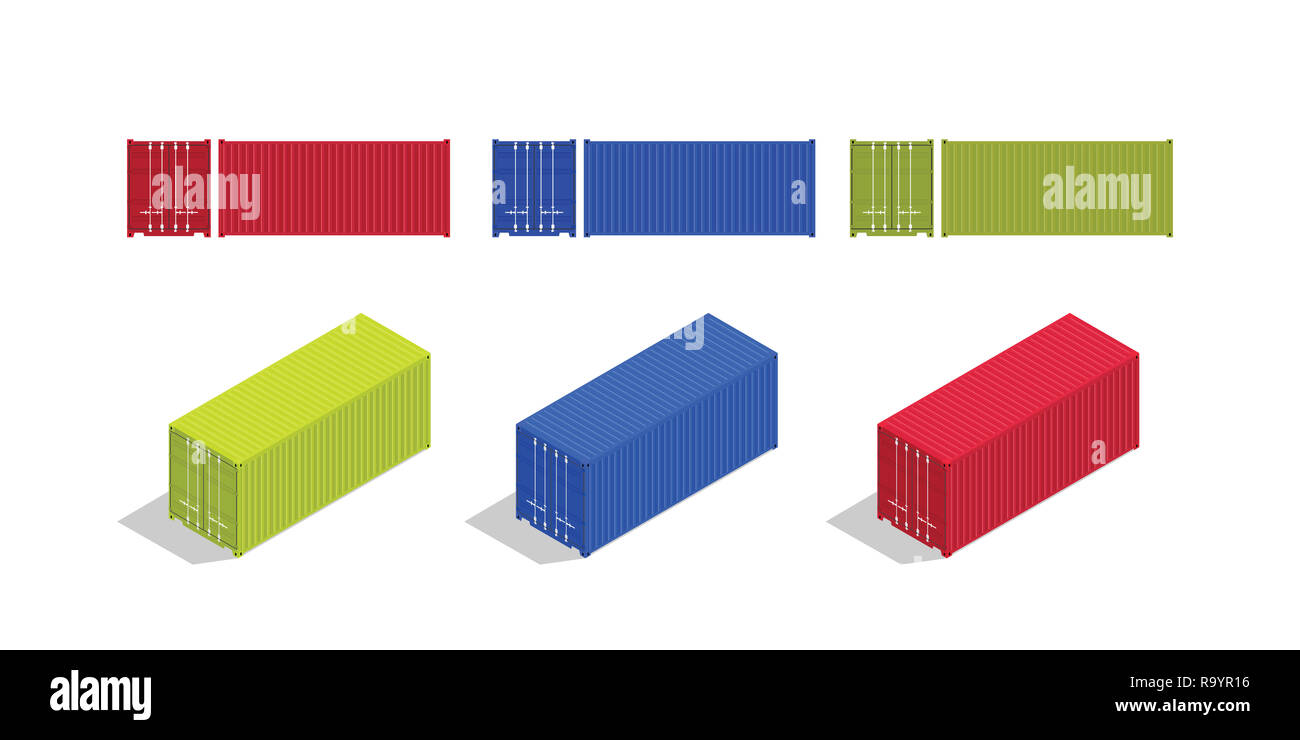 container isometric and from front set collection with various color ...