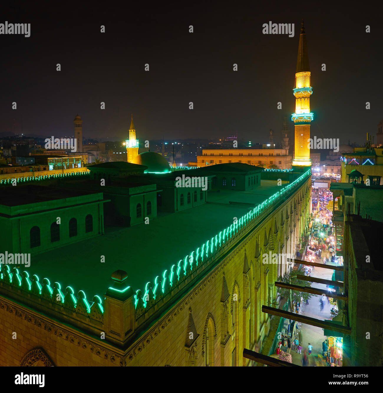 The beautiful view on Al-Hussein Mosque in brightr evening illumination ...