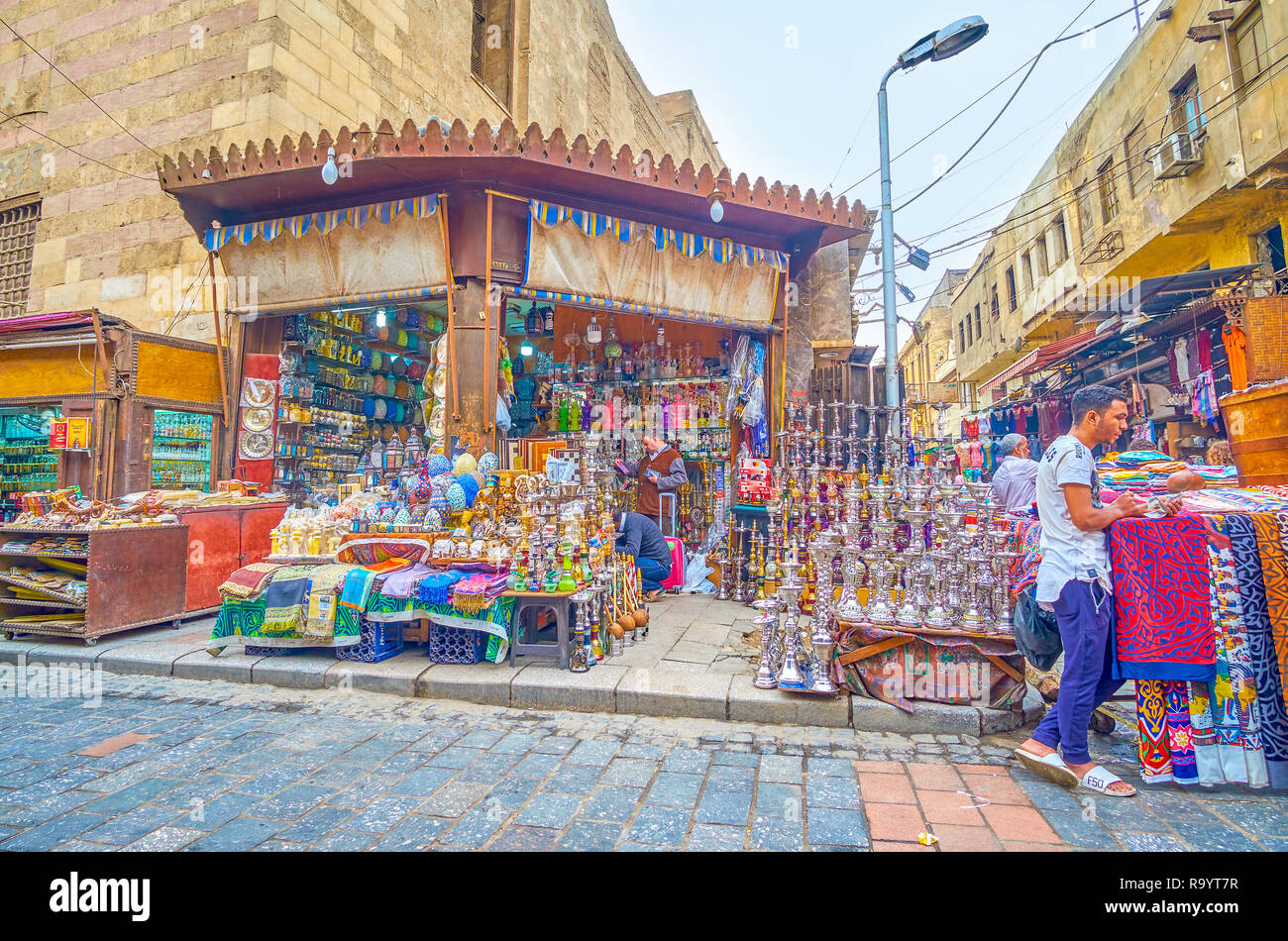 CAIRO, EGYPT - DECEMBER 20, 2017: The shisha stall with bright silver ...