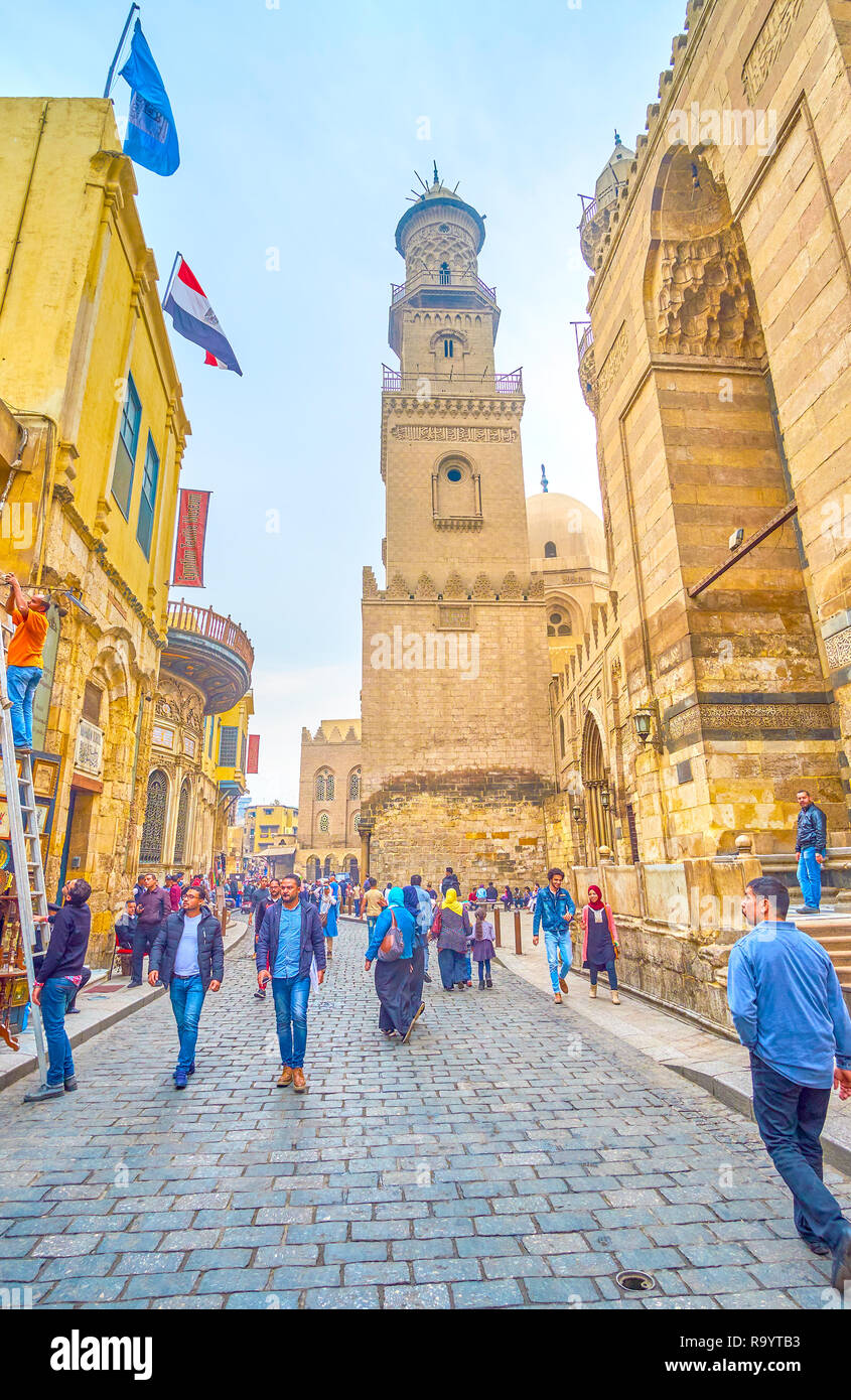 CAIRO, EGYPT - DECEMBER 20, 2017: Edifices along Al-Muizz street are ...