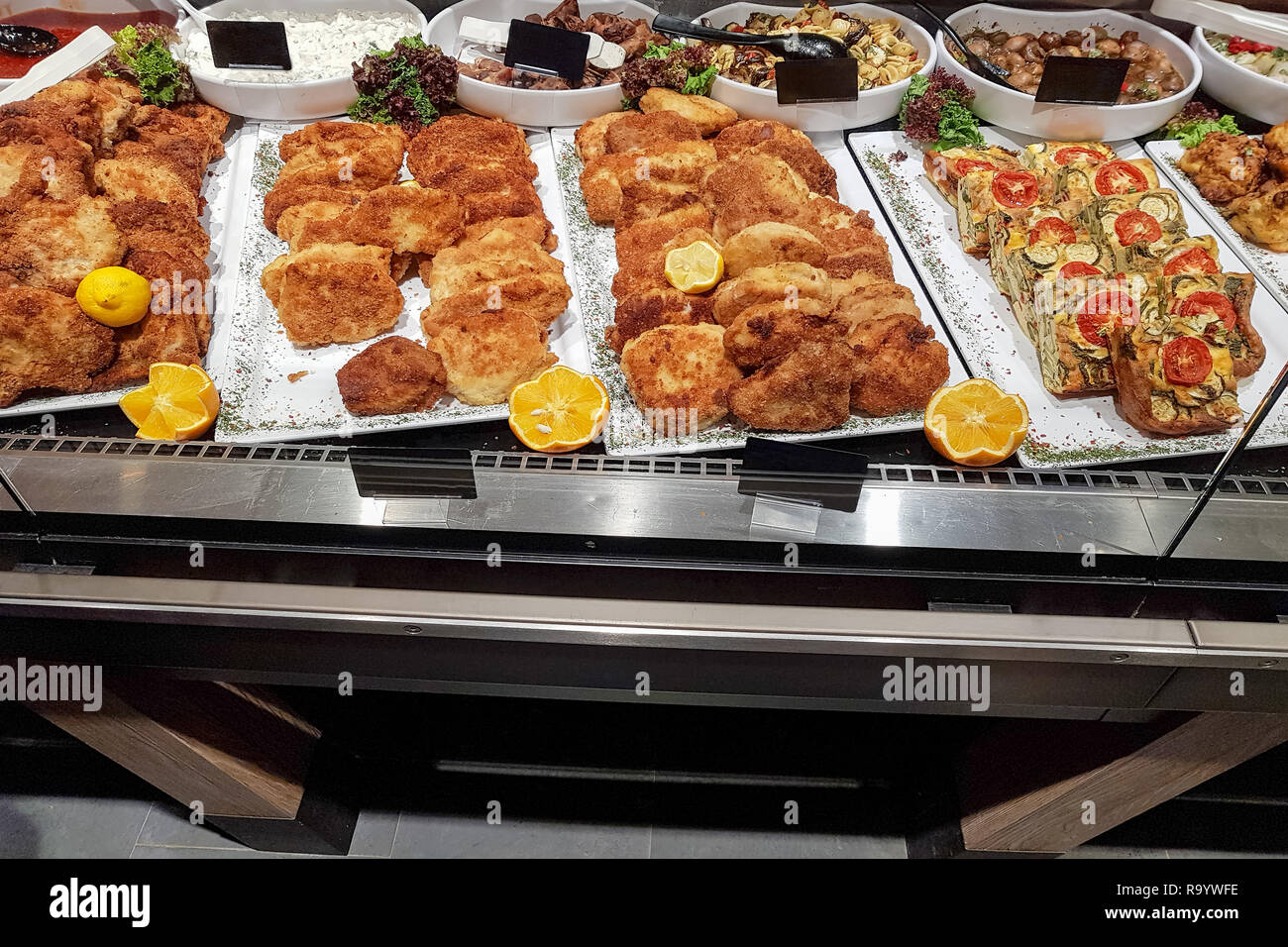 Meat department with typical german raw meat inside a supermarket. Pork ...